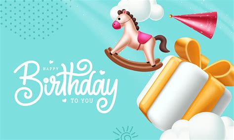 생일 인사말 벡터 배경 디자인입니다 생일 축하 인사말 텍스트 선물 상자 흔들 목마 파티 모자 및 구름 장식 요소 조랑말에 대한 스톡 벡터 아트 및 기타 이미지 Istock