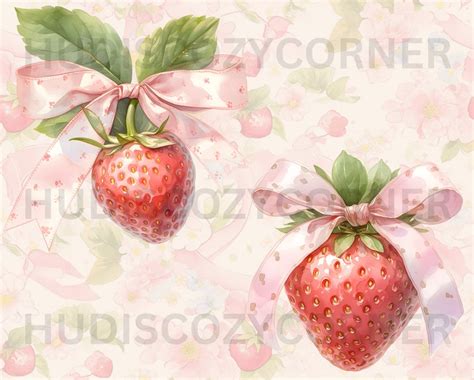 Coquette Strawberry Bow Clipart Bundle Watercolor Cute Pastel Pink Bow Sublimation