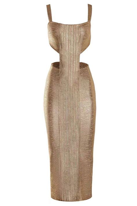 Luxury Metallic Bandage Cutout Bodycon Split Cocktail Party Midi Dress