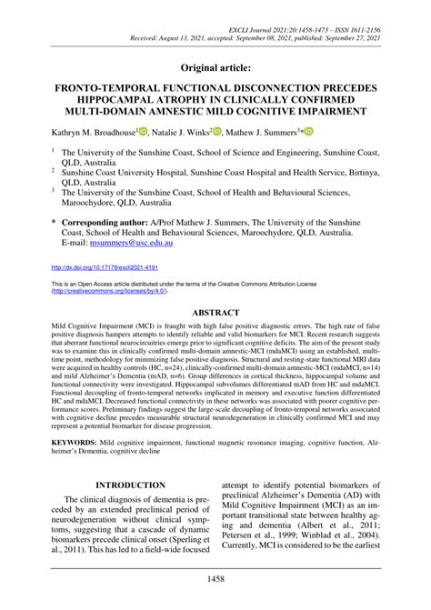 Pdf Fronto Temporal Functional Disconnection Precedes Hippocampal