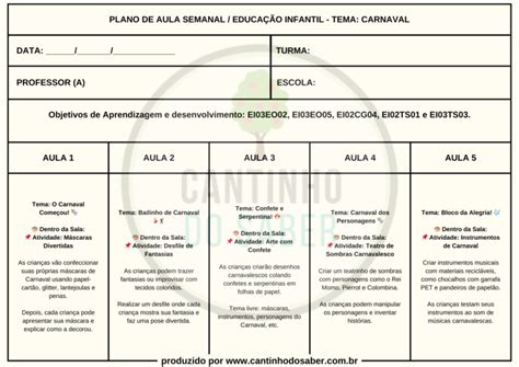 PLANEJAMENTO SEMANAL PARA A EDUCAÇÃO INFANTIL SOBRE O CARNAVAL ALINHADO