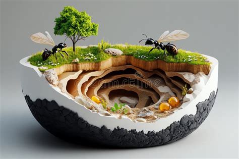 Detailed 3d Illustration Of Ant Habitat Cross Section With Ants