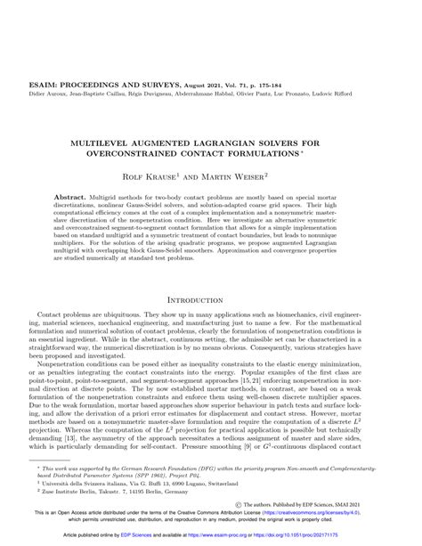 Pdf Multilevel Augmented Lagrangian Solvers For Overconstrained Contact Formulations