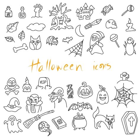Conjunto De Hallween Desenho Doodle Ilustração Vetorial Desenhado à Mão Isolado No Fundo Branco