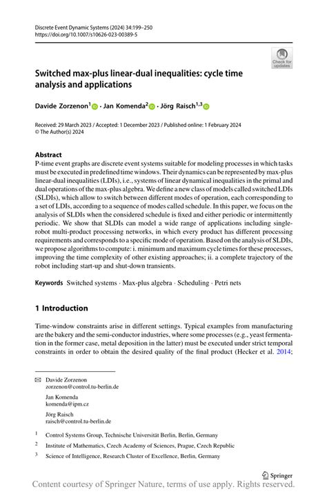 Pdf Switched Max Plus Linear Dual Inequalities Cycle Time Analysis And Applications