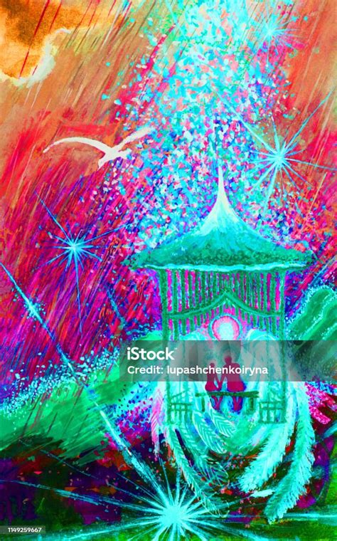 세련 된 일러스트 현대 작품 우화 나의 원래 유화 캔버스 인상파 판타지 상징적 수직 풍경 천사 아래에 사랑에 그의 날개 커플에