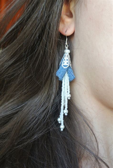 Bohemian Denim Beaded Earrings With Pearls Delicate Long Etsy