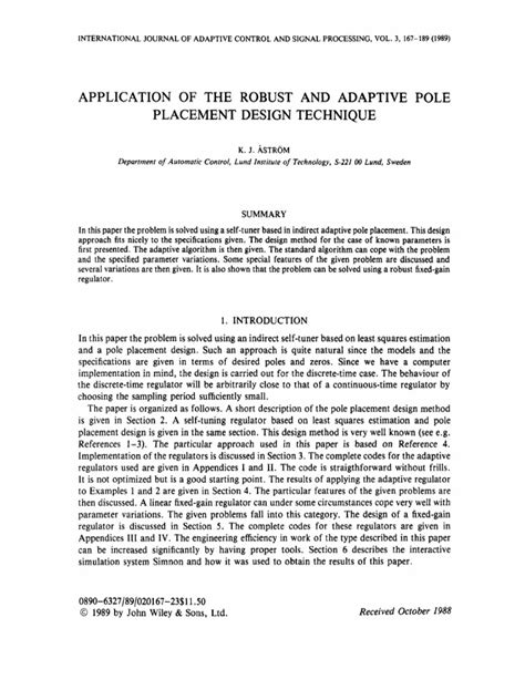 Astrom1989 Application Of The Robust And Adaptive Pole Placement