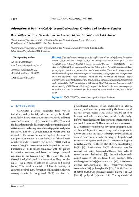 Pdf Adsorption Of Pbii On Calix 4 Arene Derivatives Kinetics And