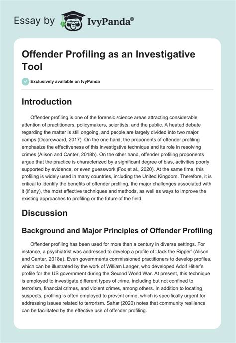 Offender Profiling As An Investigative Tool 1666 Words Report Example