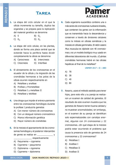Biologia R Ciclo celular Mitosis y Meiosis Tarea Tarea REPASO Biología san marcos rEPaso