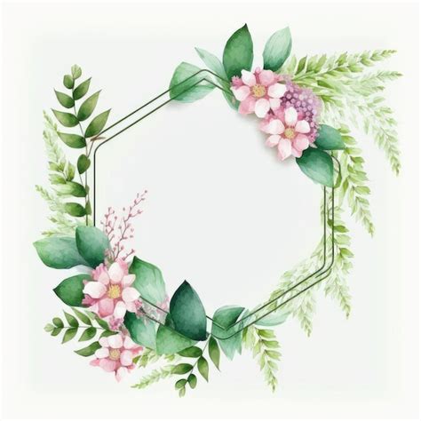 Moldura Hexagonal De Flor Azul E Folhas Verdes Com Pintura Em Aquarela