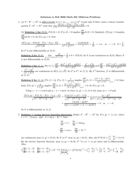 Solutions To Fall 2006 Math 301 Midterm Problems N M 1 N N Pdf Continuous Function