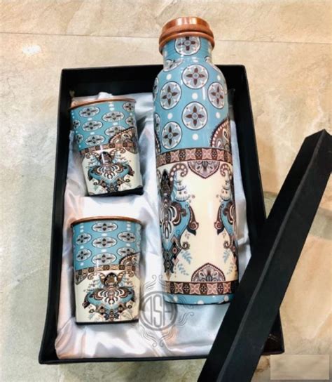 Multicolor GF Meenakari Copper Water Bottle Gift Set Golden Fortune Products Delhi
