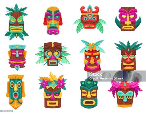 Topeng Tiki Kartun Totem Bambu Hawaii Patung Suku Kayu Tropis Kuno Dan