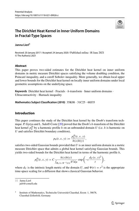 Pdf The Dirichlet Heat Kernel In Inner Uniform Domains In Fractal