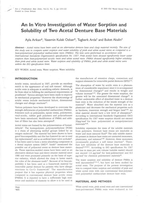 Pdf An In Vitro Investigation Of Water Sorption And Solubility Of Acetal Denture Base Materials