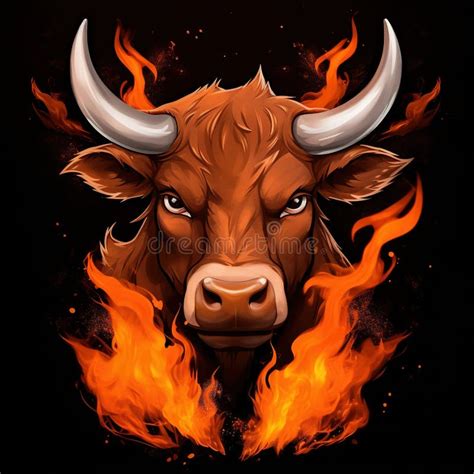 Bull Head With Fire Flames On A Black Background Stock Illustration