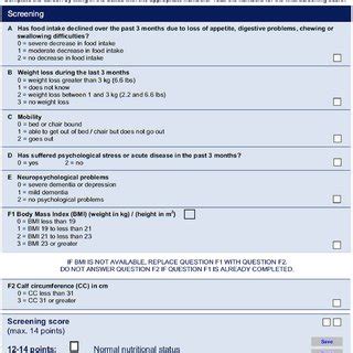 Short form Nestlé Mini Nutritional Assessment MNA Nestlé 1994