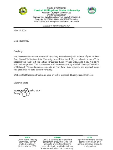 Letter For Research Republic Of The Philippines Central Philippines