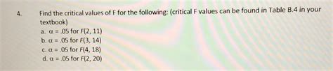 Solved 4 Find The Critical Values Of F For The Following Chegg Com