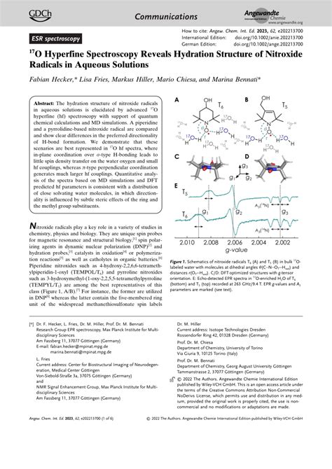 Pdf 17o Hyperfine Spectroscopy Reveals Hydration Structure Of Nitroxide Radicals In Aqueous