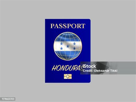 생체 인식 디지털 데이터 칩 사실적인 파란색 커버 아이콘 로고 광고 웹에 대한 황금 글자 벡터 일러스트와 국제 여권 온두라스