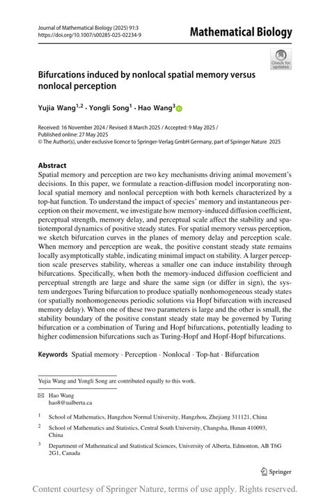 Bifurcations Induced By Nonlocal Spatial Memory Versus Nonlocal Perception Request Pdf