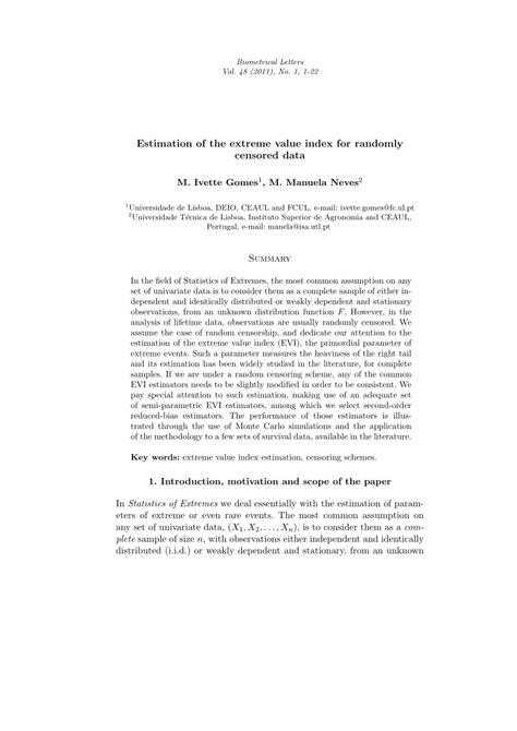 Pdf Estimation Of The Extreme Value Index For Randomly Censored Data