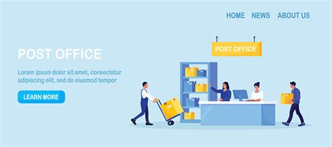 리셉션 데스크가 있는 우편 배달 사무실 우체국에서 고객에게 소포를 제공하는 우체부 우체국 직원 택배 운반 상자 손 카트 밀기 소포 배송 대응 배송 경영자에 대한 스톡 벡터