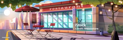 Spanduk Latar Belakang Fasad Restoran Dalam Desain Kartun Datar Poster