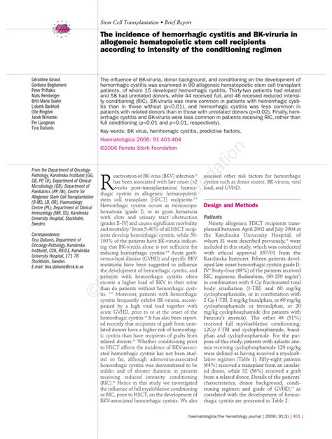 Pdf The Incidence Of Hemorrhagic Cystitis And Bk Viruria In