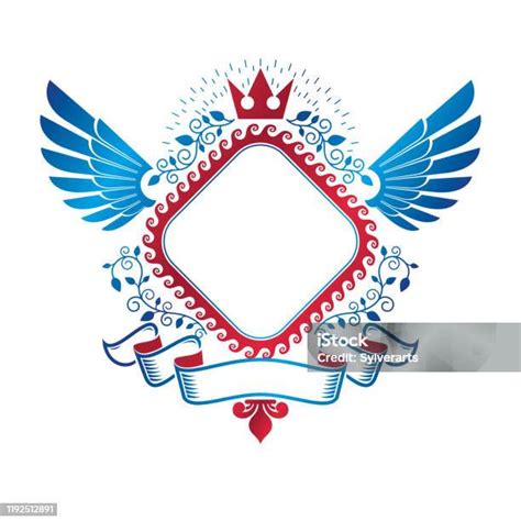 로얄 크라운 요소 오각형 별 고급 리본으로 구성된 그래픽 윙 엠블럼 팔 장식 로고 격리 벡터 일러스트의 헤럴드 코트 고대의에 대한 스톡 벡터 아트 및 기타 이미지 Istock