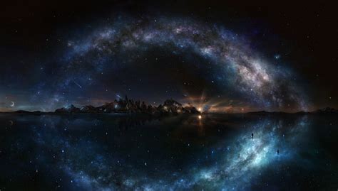Night Starry Sky Shine Water Island Rock Galaxy Wallpaper