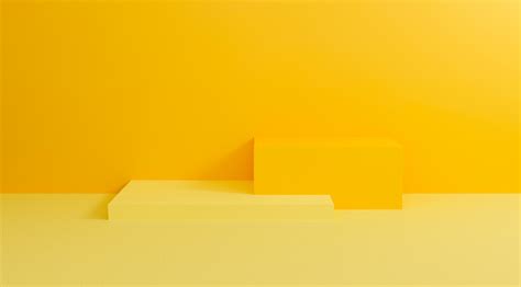3d 노란색 연단 기하학적 모양의 벽 배경에 추상파스텔 프로모션을위한 밝은 노란색 큐브 웹 사이트에 디스플레이 제품 및 프리젠 테이션을위한 3d 렌더링 디자인 최소한의