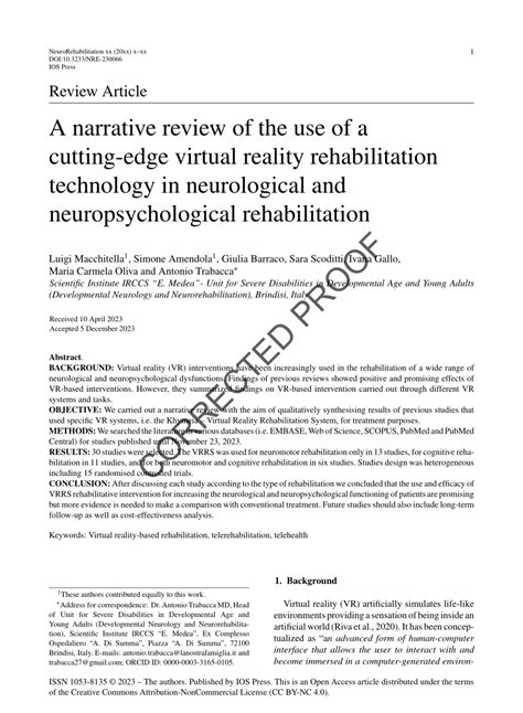 PDF A Narrative Review Of The Use Of A Cutting Edge Virtual Reality Rehabilitation Technology