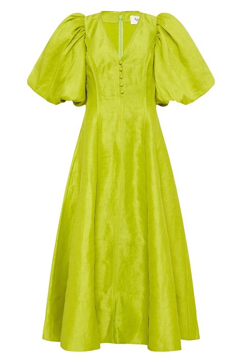 Dusk Puff Sleeve Midi Dress Chartreuse Green Aje Aje Row