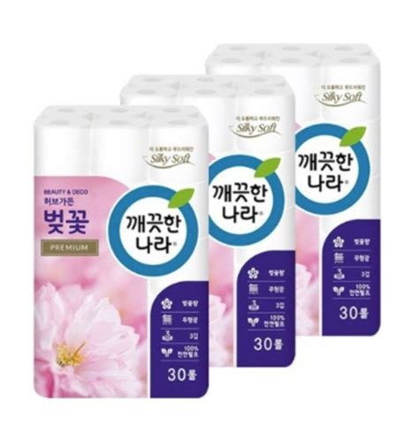 깨끗한나라 벚꽃 프리미엄 화장지 3겹 27m 30롤 3개 티몬