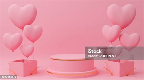 발렌타인 데이 컨셉 골드 엣지 핑크 하트 풍선이 가까운 선물 상자에 있는 서클 포디움 핑크 파스텔 컬러 3d 렌더링 그림입니다