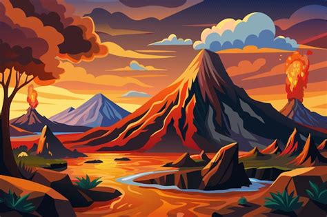 Volcanic Mountain Landscape Vector Illustration Premium Ai Generated