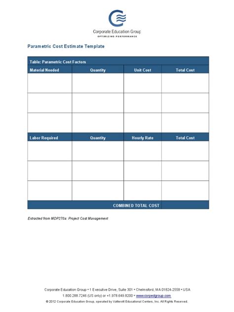 Parametric Cost Estimate Template Pdf