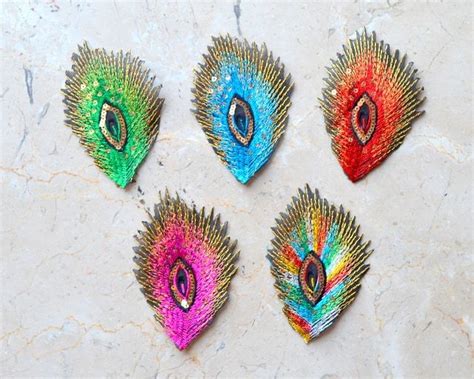 Embroidered Peacock Feather With Gold Sequins Iron On Shine Trim