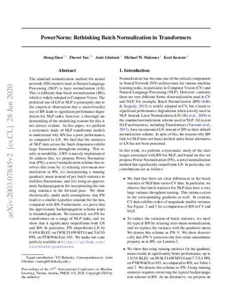 Pdf Powernorm Rethinking Batch Normalization In Transformers