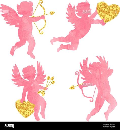 Set Of Watercolor Angels Cute Cupids Silhouettes Valentines Day