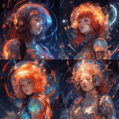 年轻的动漫女孩，透明的太空头盔，发光的火 Midjourney Prompt Prompthero中文官网：ai绘画prompt提示词