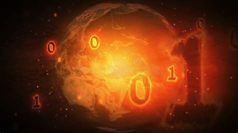 Burning Binary Code Numbers Flying Over The Earth Planet Stock Footage
