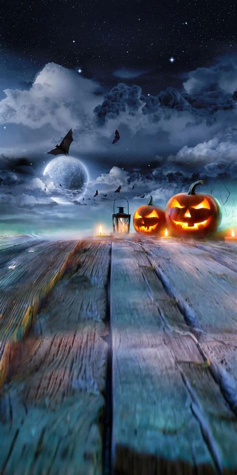 Halloween Photography Background Pumpkin Lamps Moon Bats Wood Floor