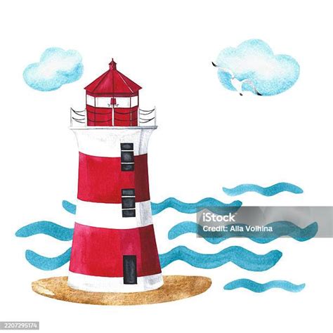파도 갈매기 구름을 배경으로 빨간색과 흰색의 등대 수채화 그림 0명에 대한 스톡 벡터 아트 및 기타 이미지 0명 건물 외관 건축 Istock