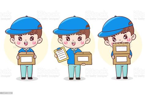 만화 캐릭터 배달 남자 유니폼 들고 골판지 상자에 택배 플랫 일러스트 레이 션 벡터 디자인 개념에 대한 스톡 벡터 아트 및 기타