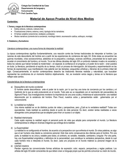 Material De Apoyo Prueba De Nivel 4tos Medios